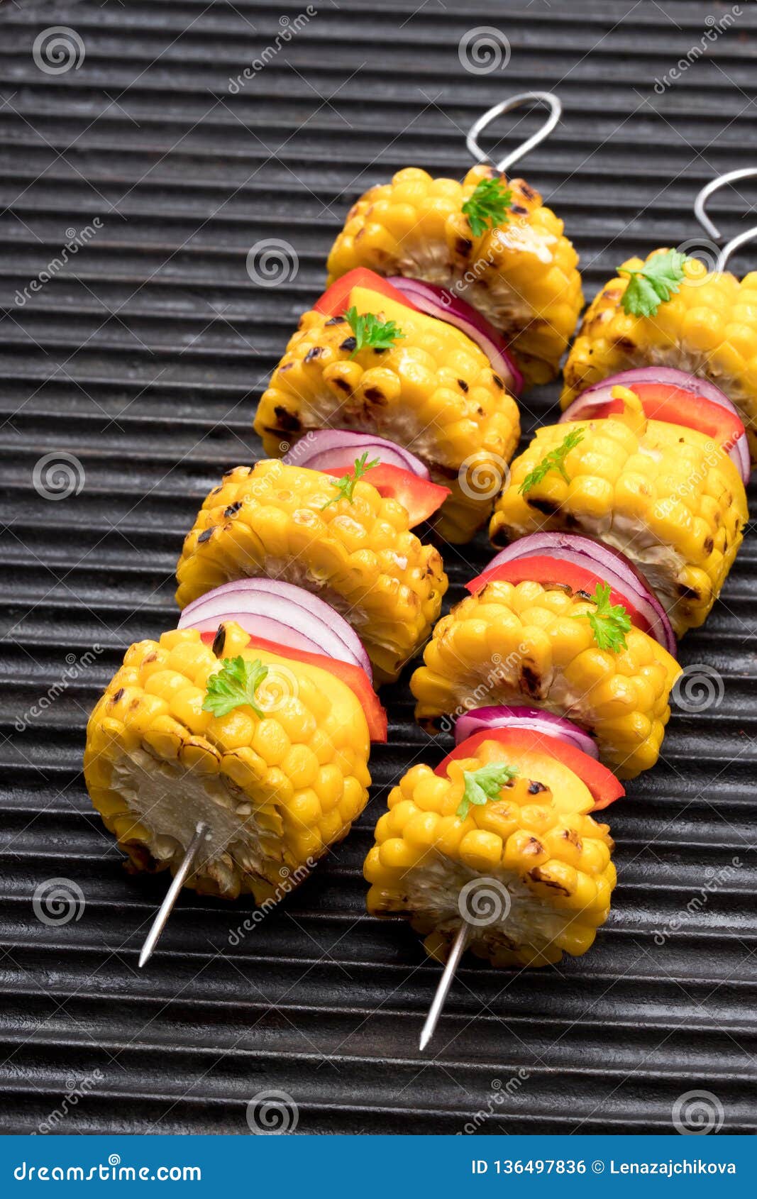 Delicious Skewers with Grilled Corn and Pepper on Grill Stock Photo ... Delicious Skewers with Grilled Corn and Pepper on Grill Stock Photo ...
