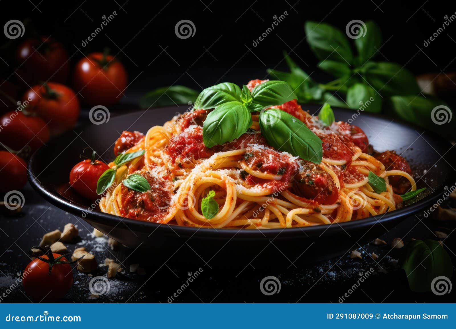 Delicious Spaghetti Served on a Black Plat Stock Image - Image of ...