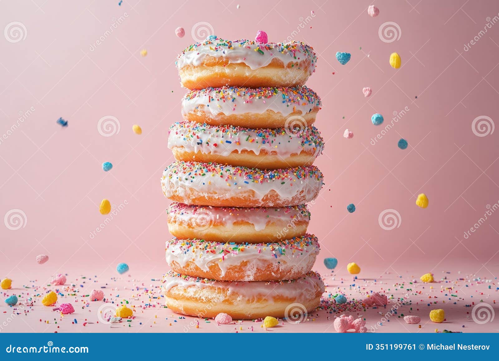 Delicious Stack of Donuts with Colorful Sprinkles Falling on Pink ...
