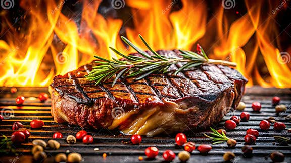Delicious Steak On Fire Grilled Meat Bbq Dinner Beef Meal Generative By Ai Stock Illustration
