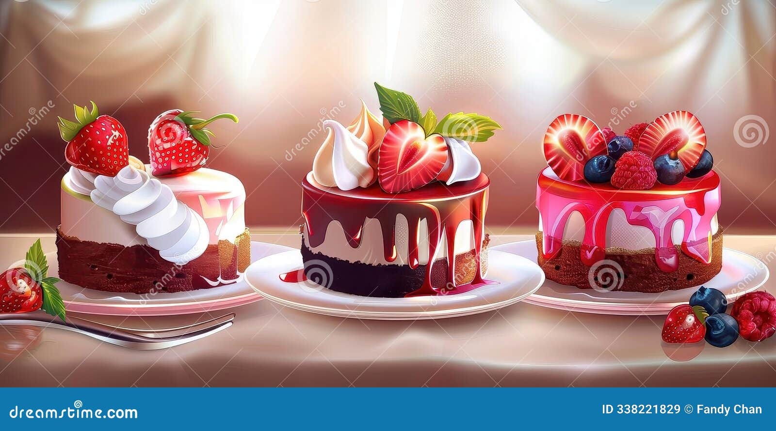 Delicious Strawberry And Raspberry Cakes With Whipped Cream And Glaze ...