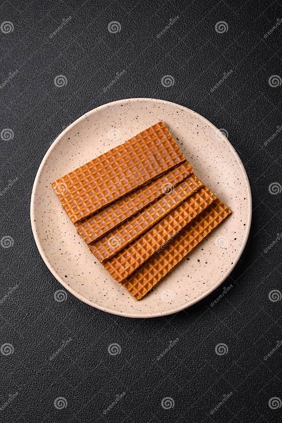 Delicious Sweet Crispy Rectangular Waffles on a Ceramic Plate Stock ...