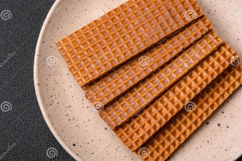 Delicious Sweet Crispy Rectangular Waffles on a Ceramic Plate Stock ...