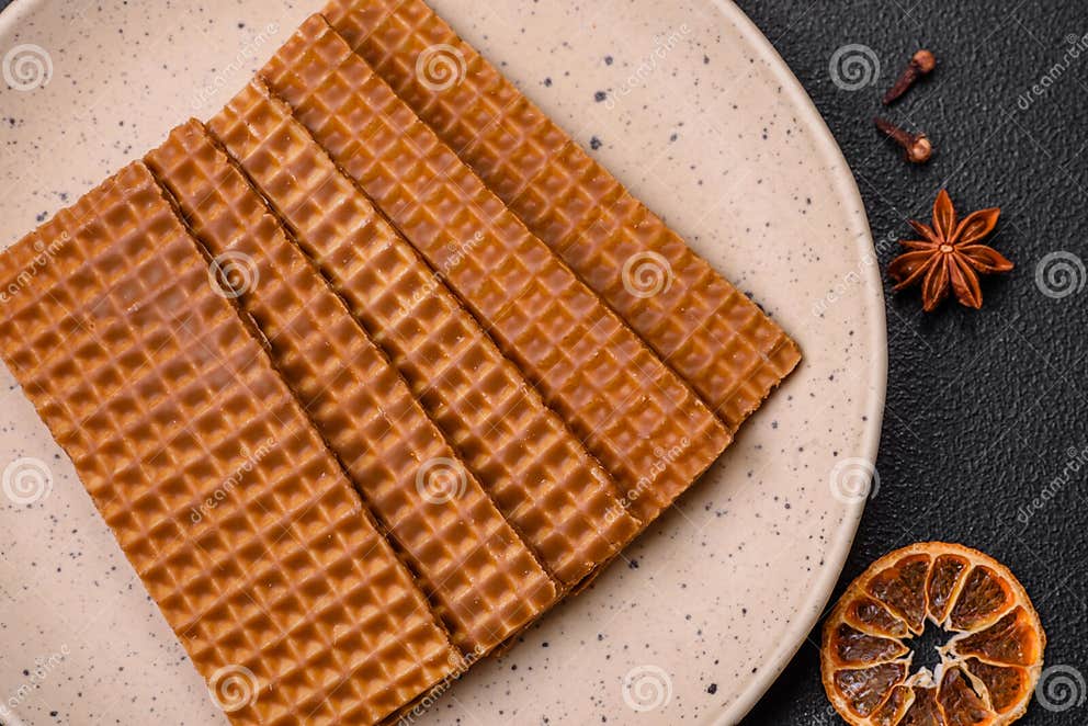 Delicious Sweet Crispy Rectangular Waffles on a Ceramic Plate Stock ...