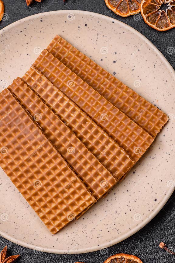 Delicious Sweet Crispy Rectangular Waffles on a Ceramic Plate Stock ...