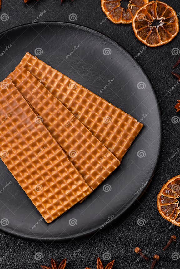 Delicious Sweet Crispy Rectangular Waffles on a Ceramic Plate Stock ...