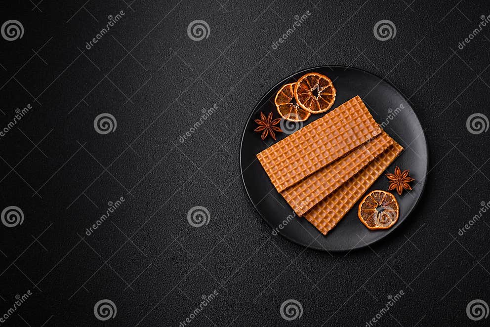 Delicious Sweet Crispy Rectangular Waffles on a Ceramic Plate Stock ...