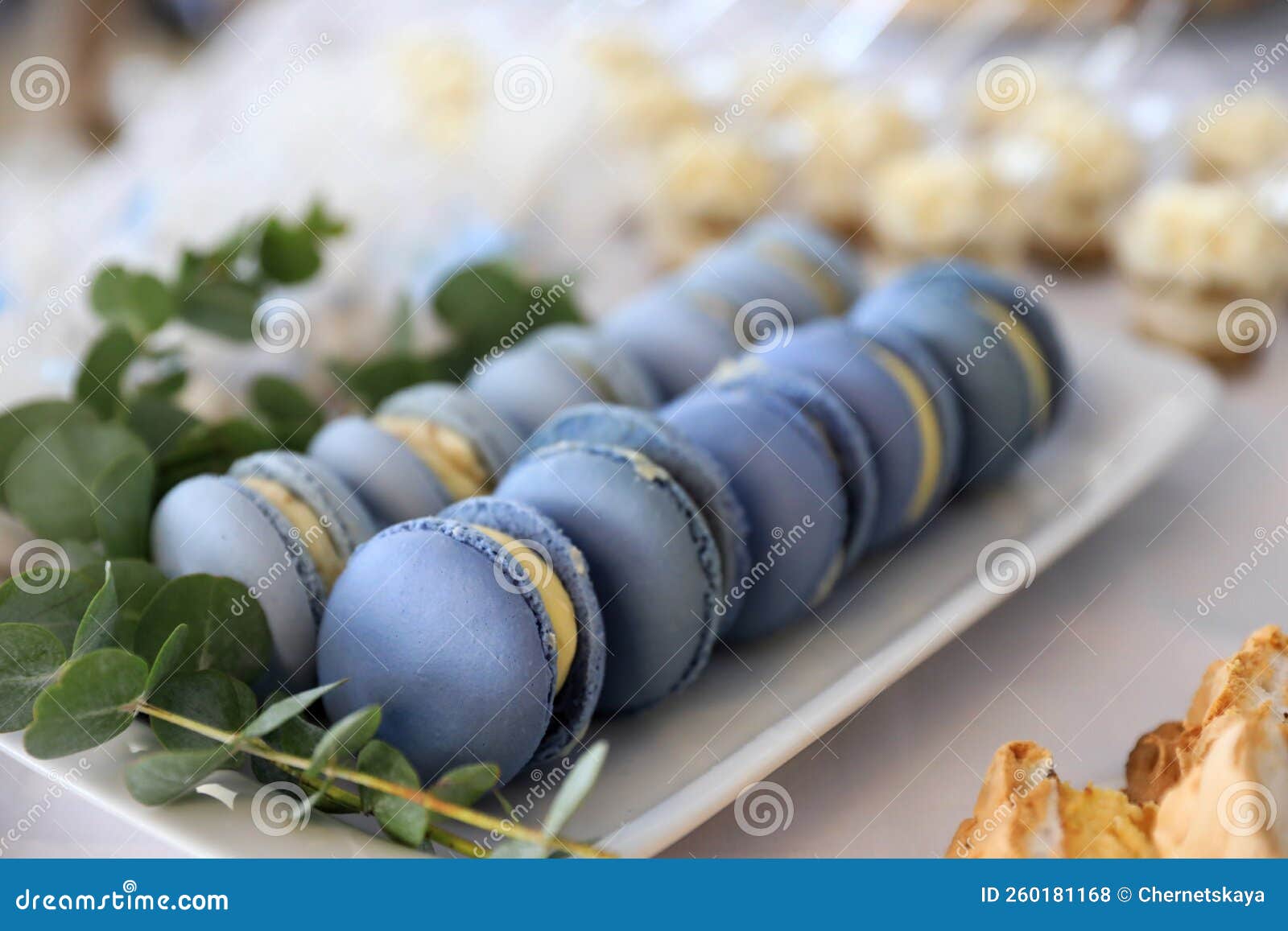 Delicious Sweet Macarons Served on Table, Closeup Stock Photo - Image ...