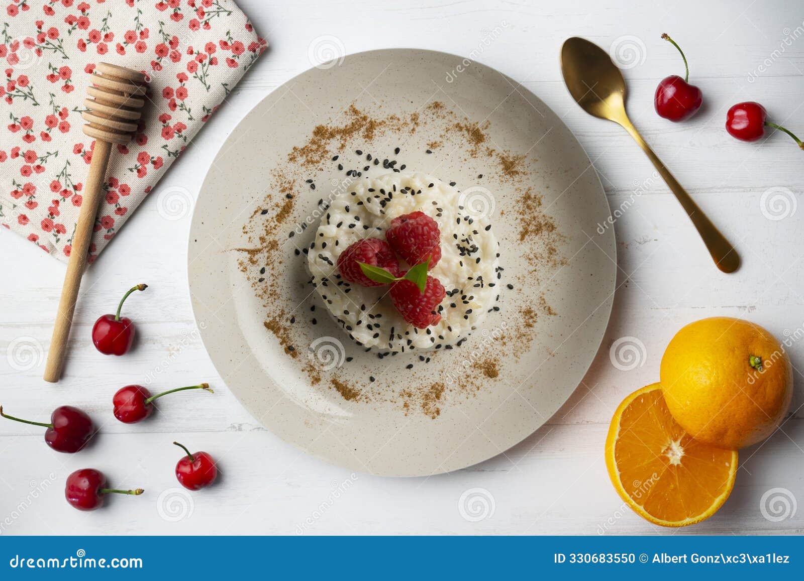 Delicious Thai Sticky Rice with Fresh Fruit Raspberry. Stock Photo ...