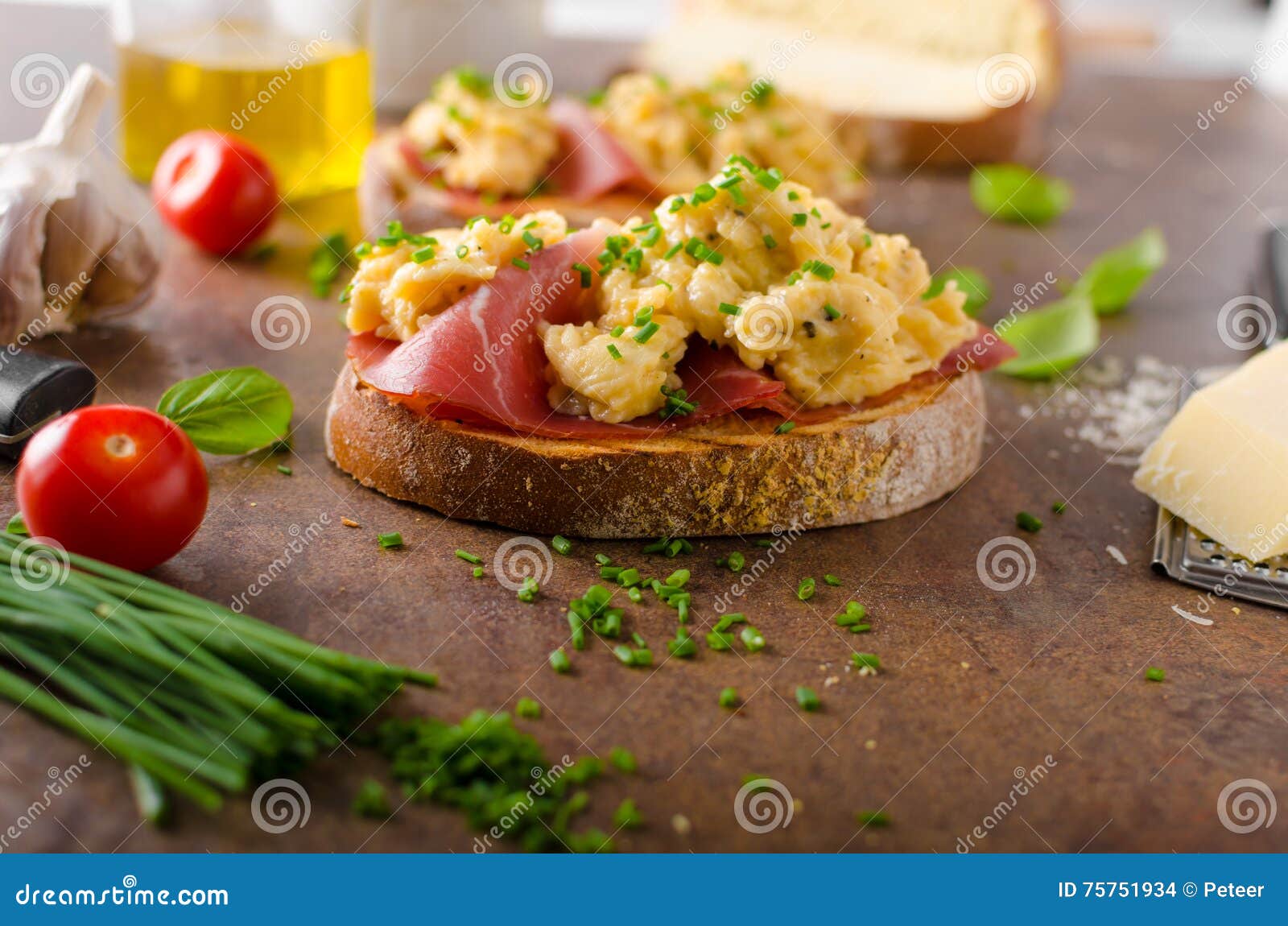 Delicious Toasted Bread with Scrambled Eggs Stock Photo - Image of ...