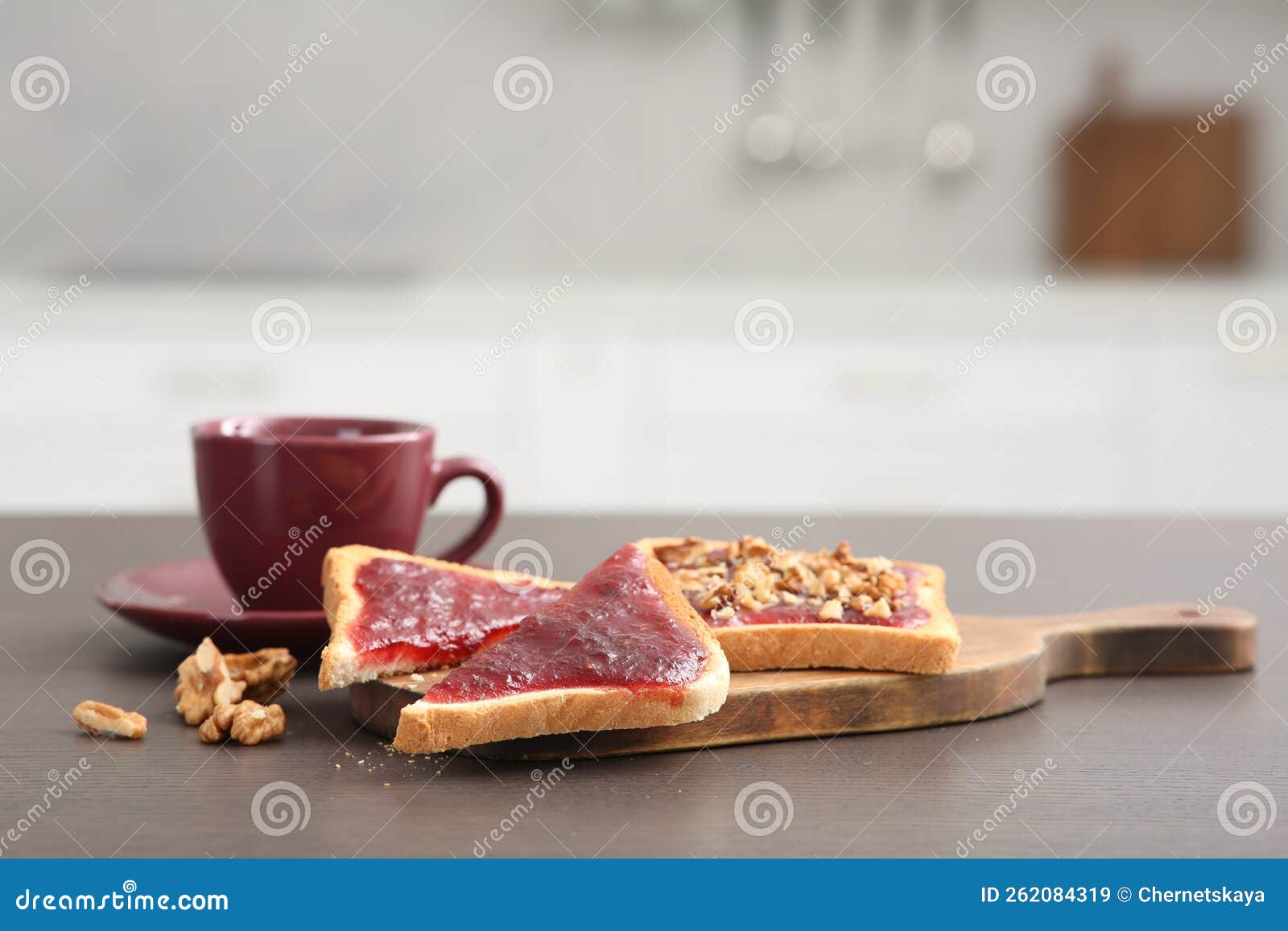 Delicious Toasts and Cup of Drink on Counter in Kitchen Stock Image ...