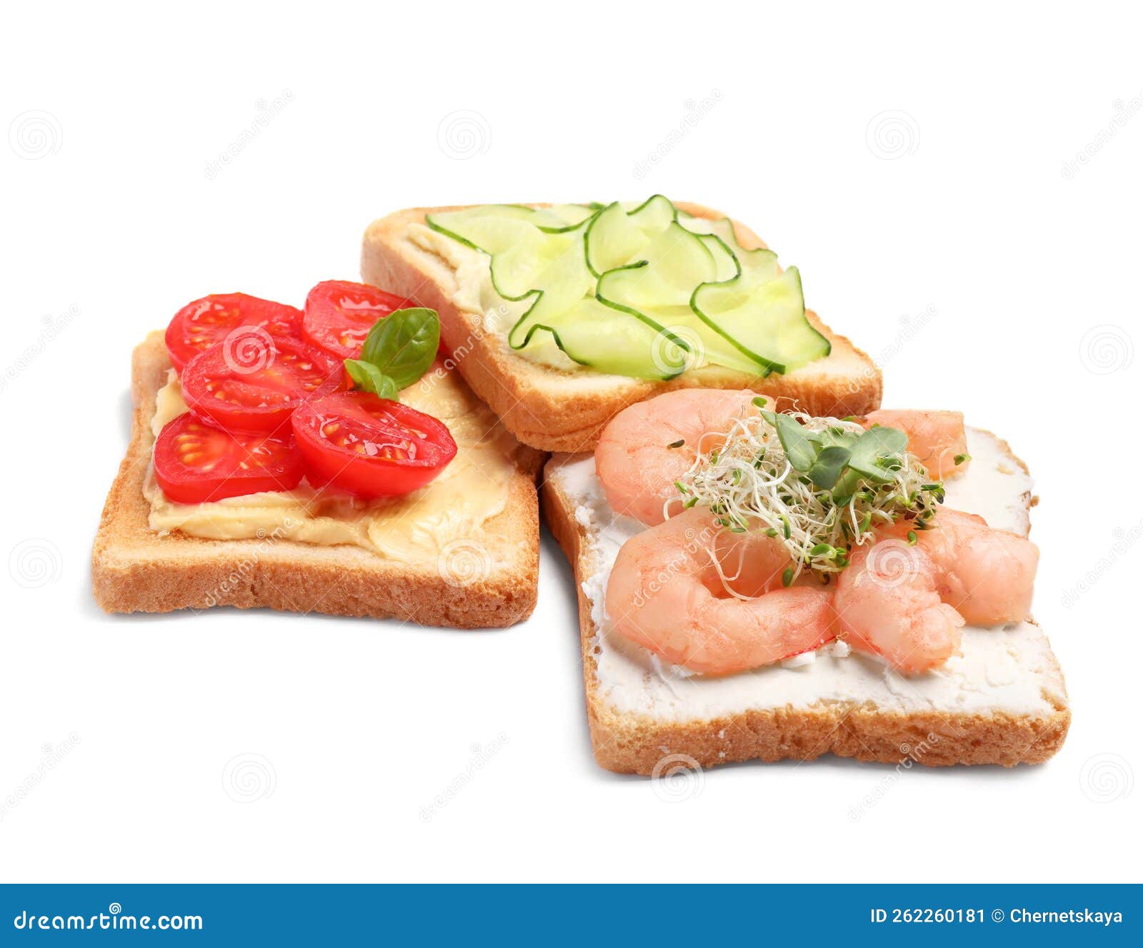 Delicious Toasts with Different Toppings Isolated on White Stock Image ...