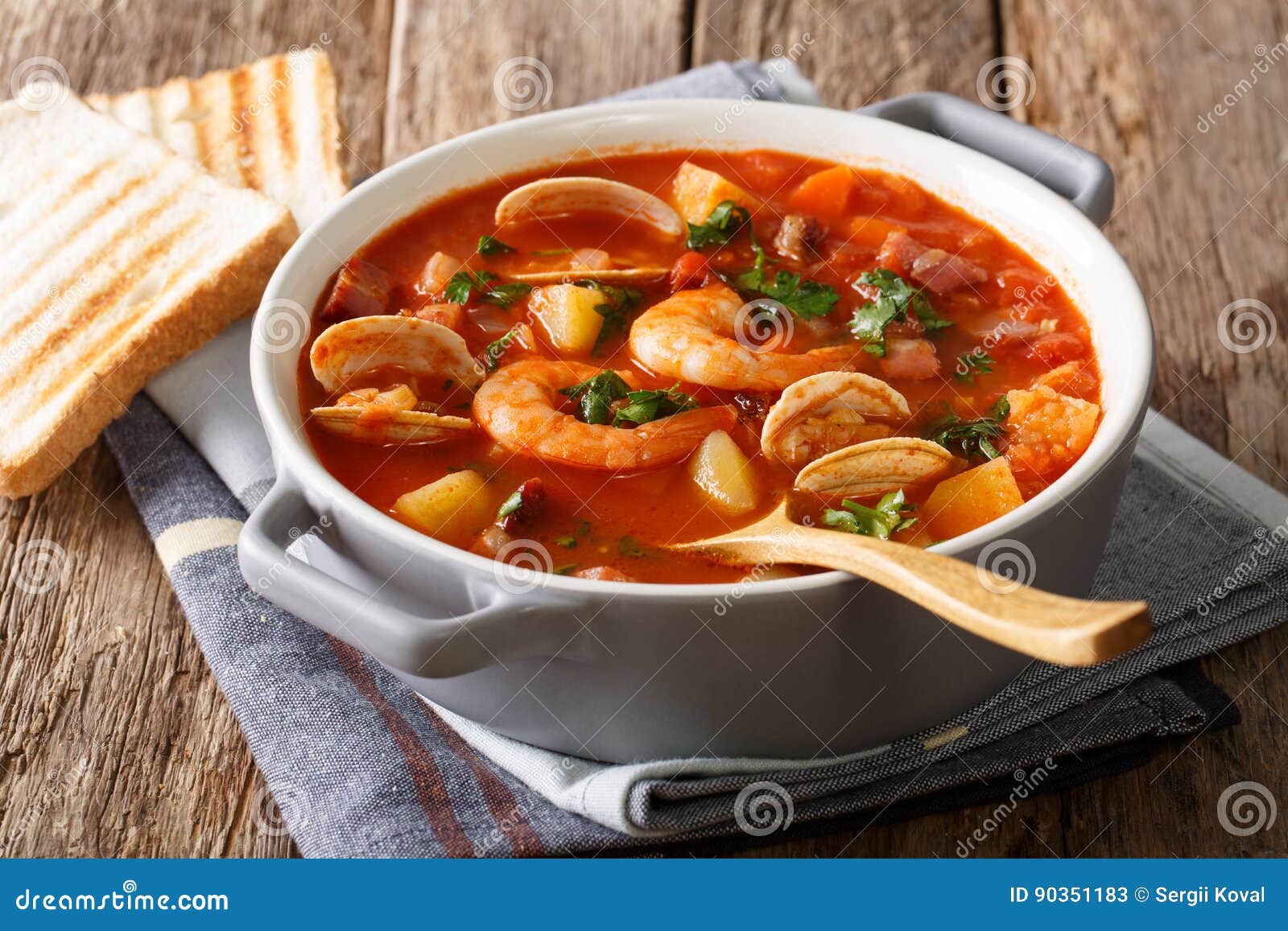 Delicious Tomato Chowder Soup with Shellfish and Bacon Clos Stock Image ...