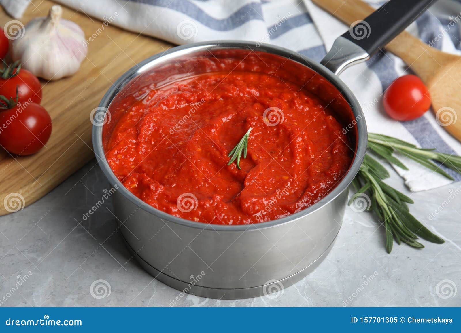 Delicious Tomato Sauce in Pan on Table Stock Image - Image of domestic ...