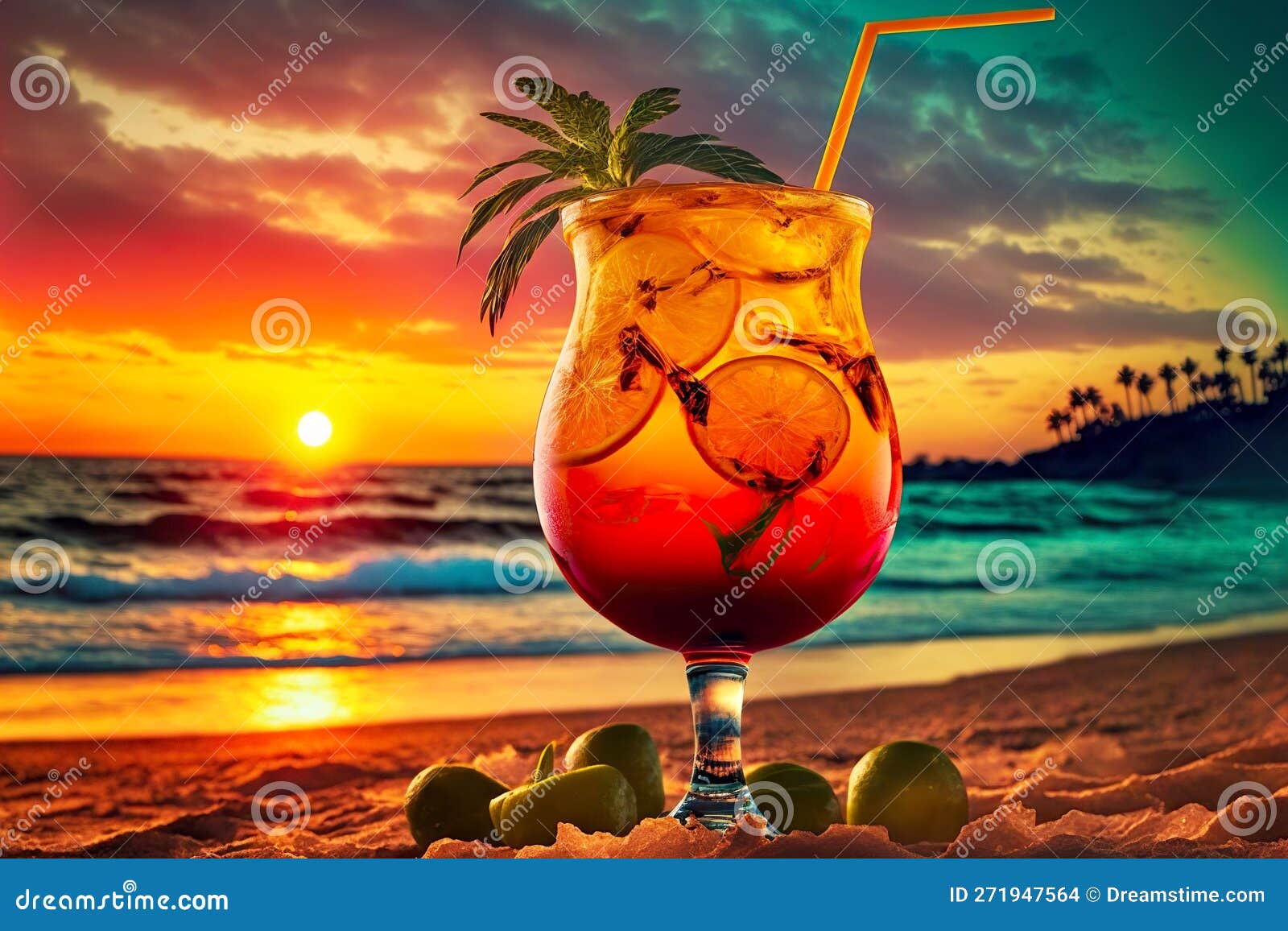 Delicious Tropical Beach Cocktail Against Backdrop of Setting Sun Stock ...
