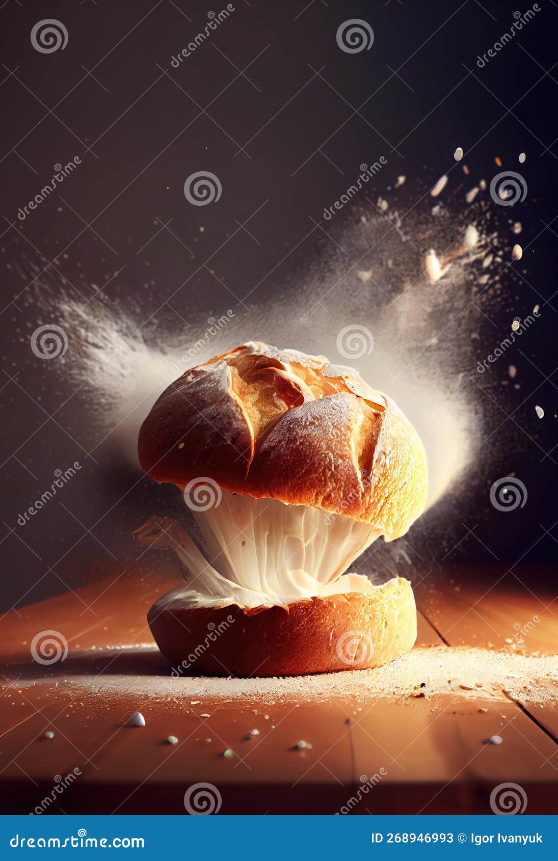 Delicious Wheat Bread Exploded with Crumbs and Dough on the Wood Table ...