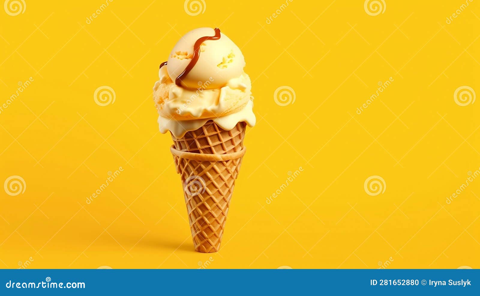 Delicious White Ice Cream Flowing Down a Waffle Cone on a Yellow ...