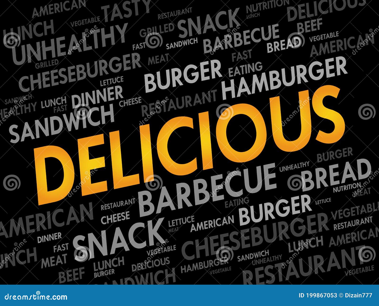 DELICIOUS word cloud stock illustration. Illustration of food - 199867053