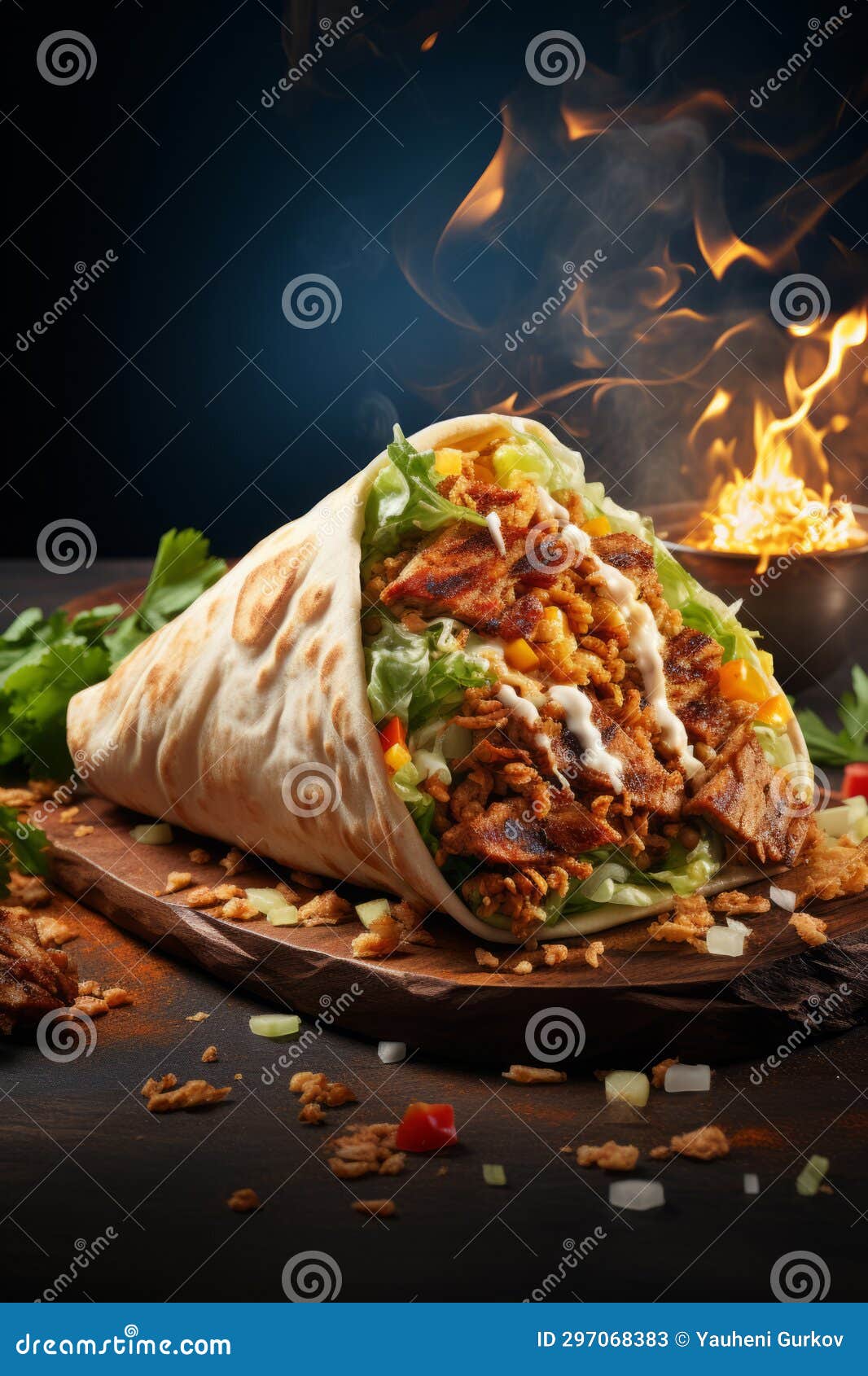 Deliciously Dense Shawarma Roll Placed On Rustic Board, With Fiery ...