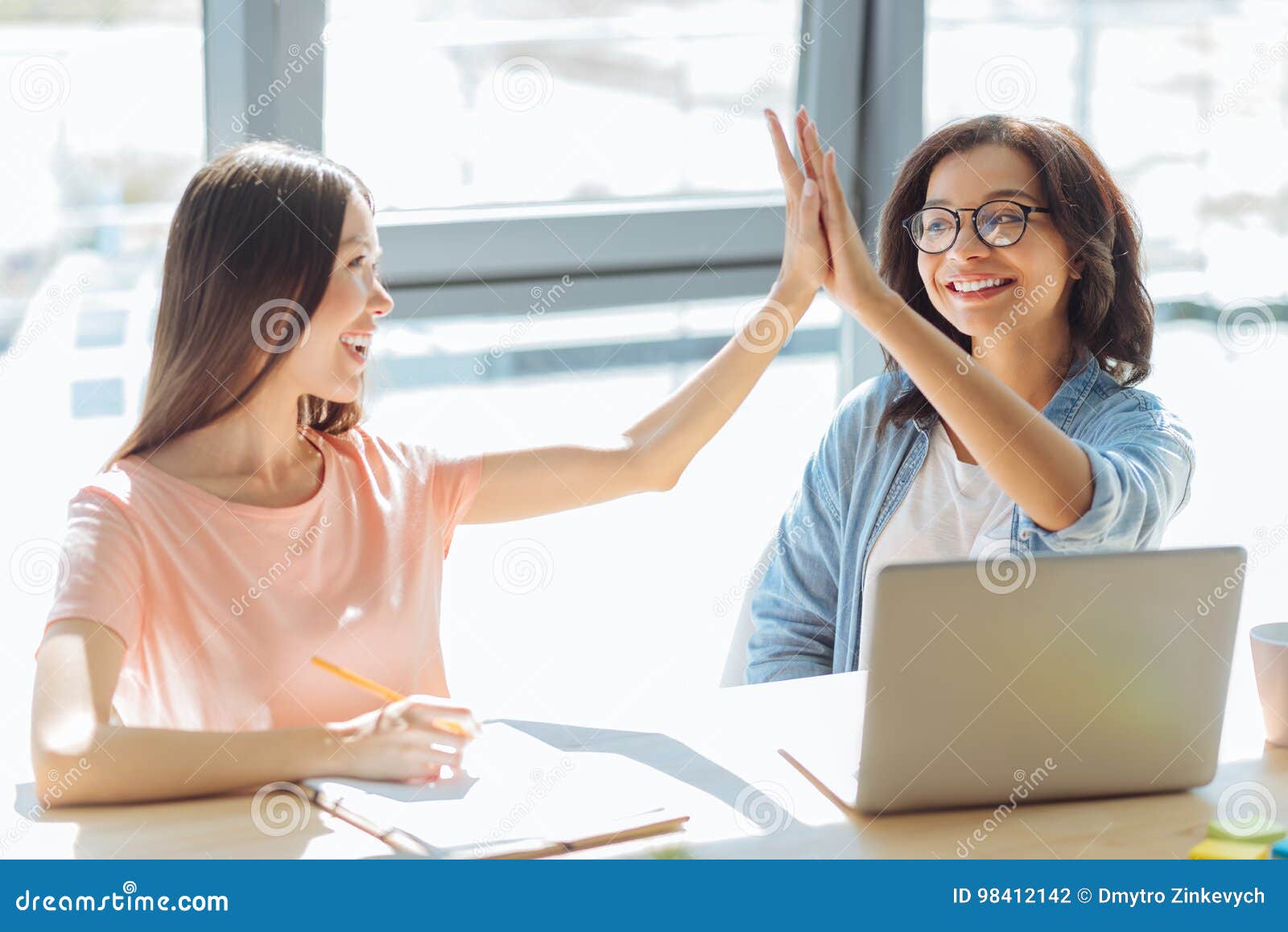 Delighted Positive Students Giving High Five Stock Photo - Image of ...