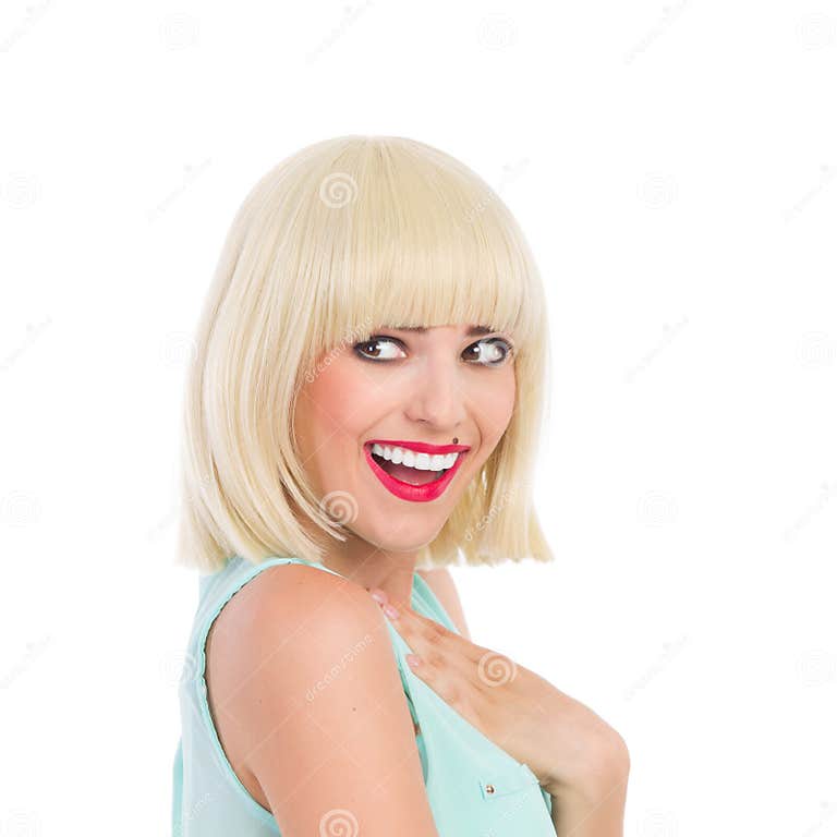 Delighted And Smiling Blond Girl Looking Away Stock Image Image Of