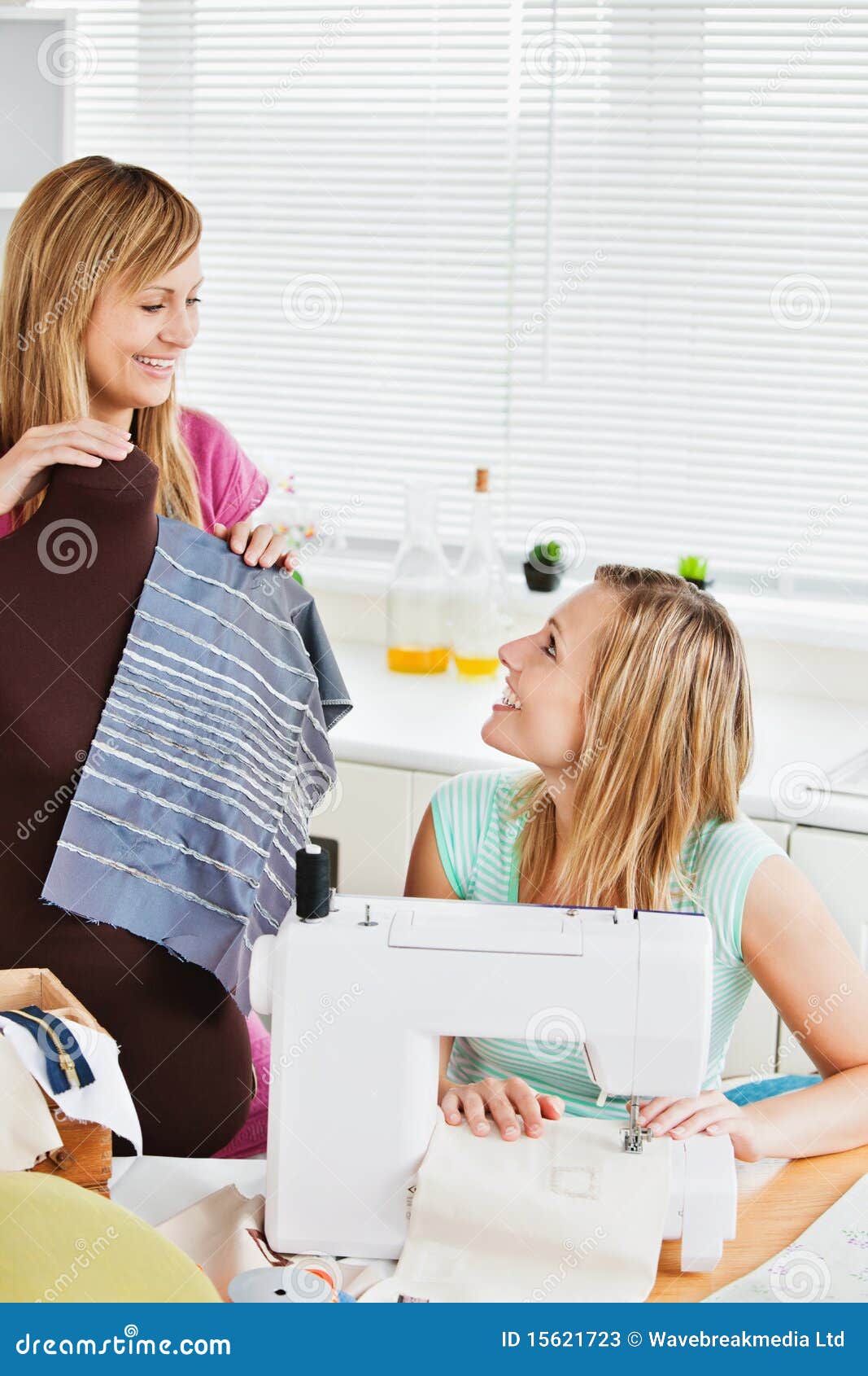 Delighted Woman Sewing with Her Friend Stock Image - Image of measuring ...