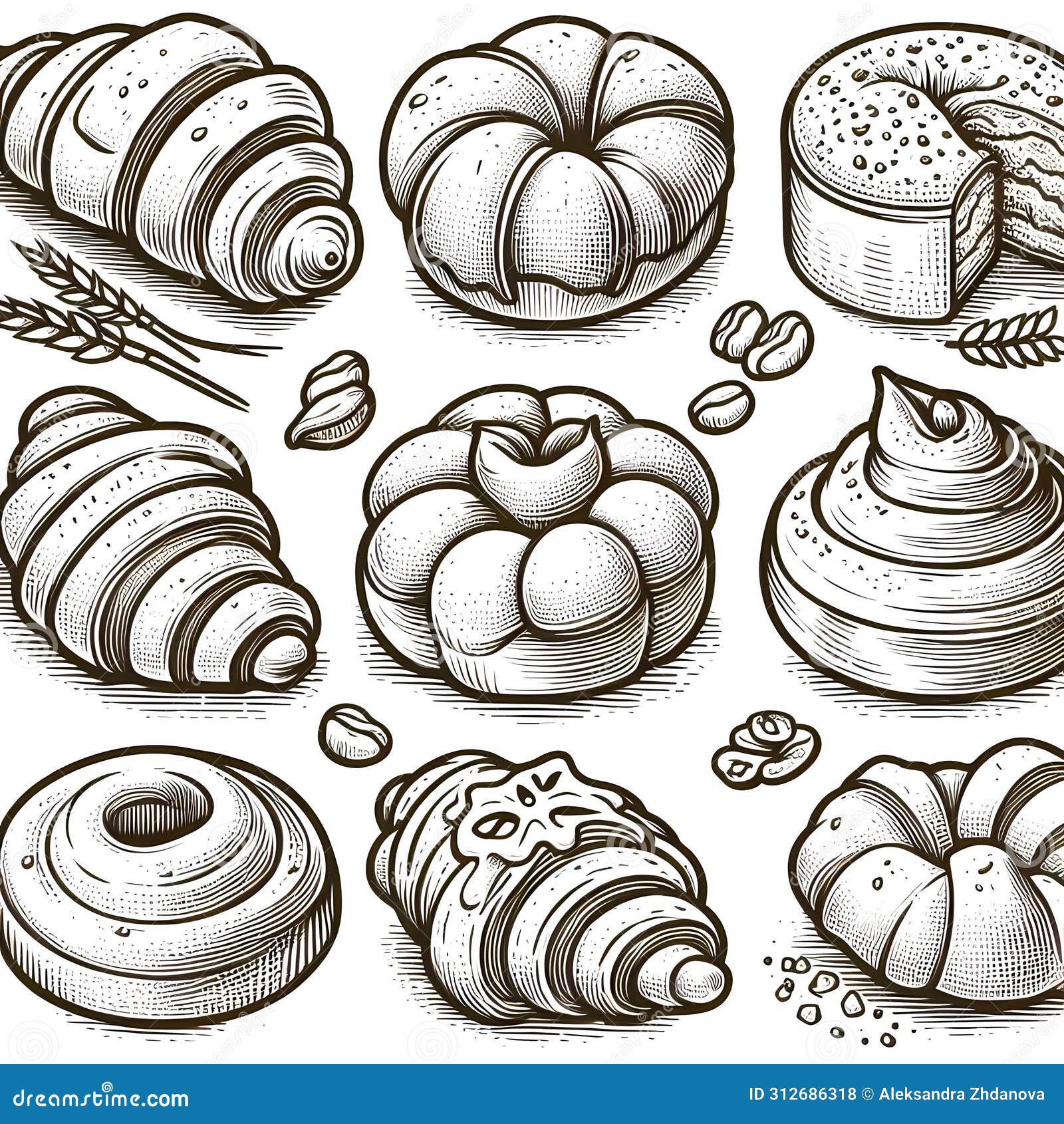 Collection of Baked Goods, Different Pastries Outline Stock ...