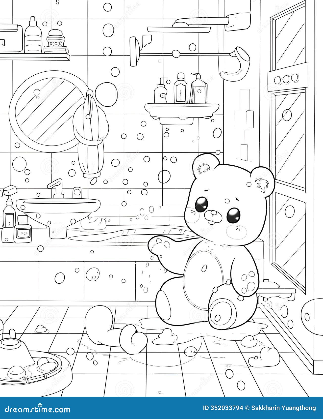 Bathroom Coloring. Linear Vector Bathroom. Plan Of The Restroom With Furniture Arrangement ...