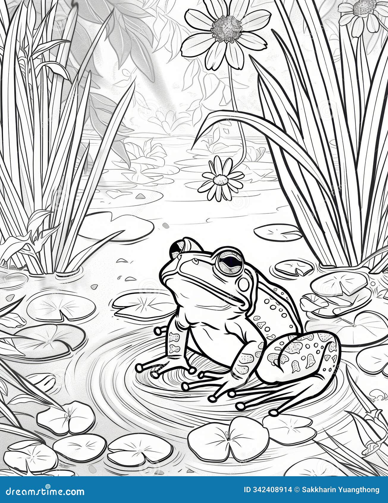Fun Frog in a Pond Coloring Page Generative AI Stock Illustration ...