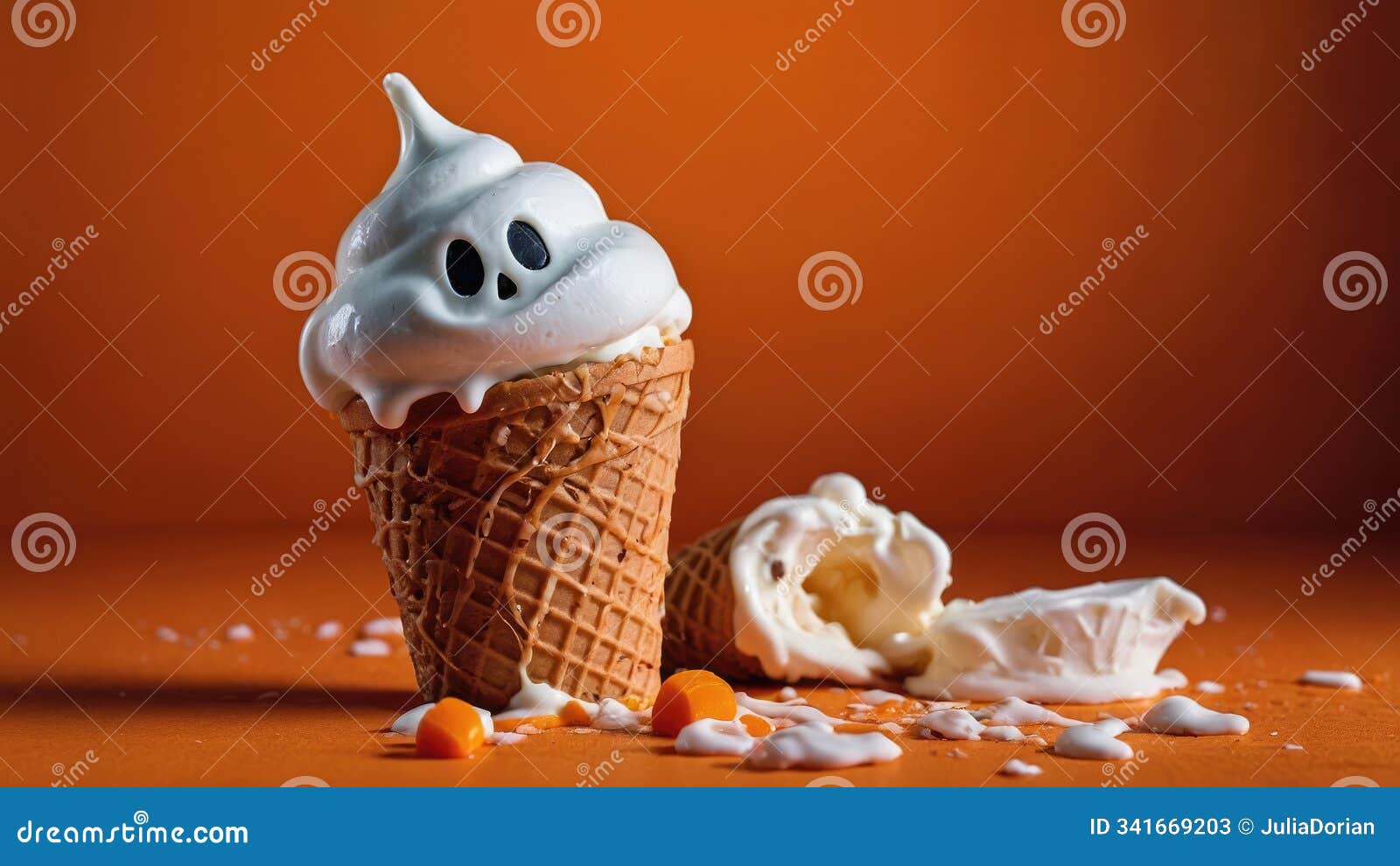Delightful Ghost-Shaped Vanilla Ice Cream Cone Melting on Bright Orange ...