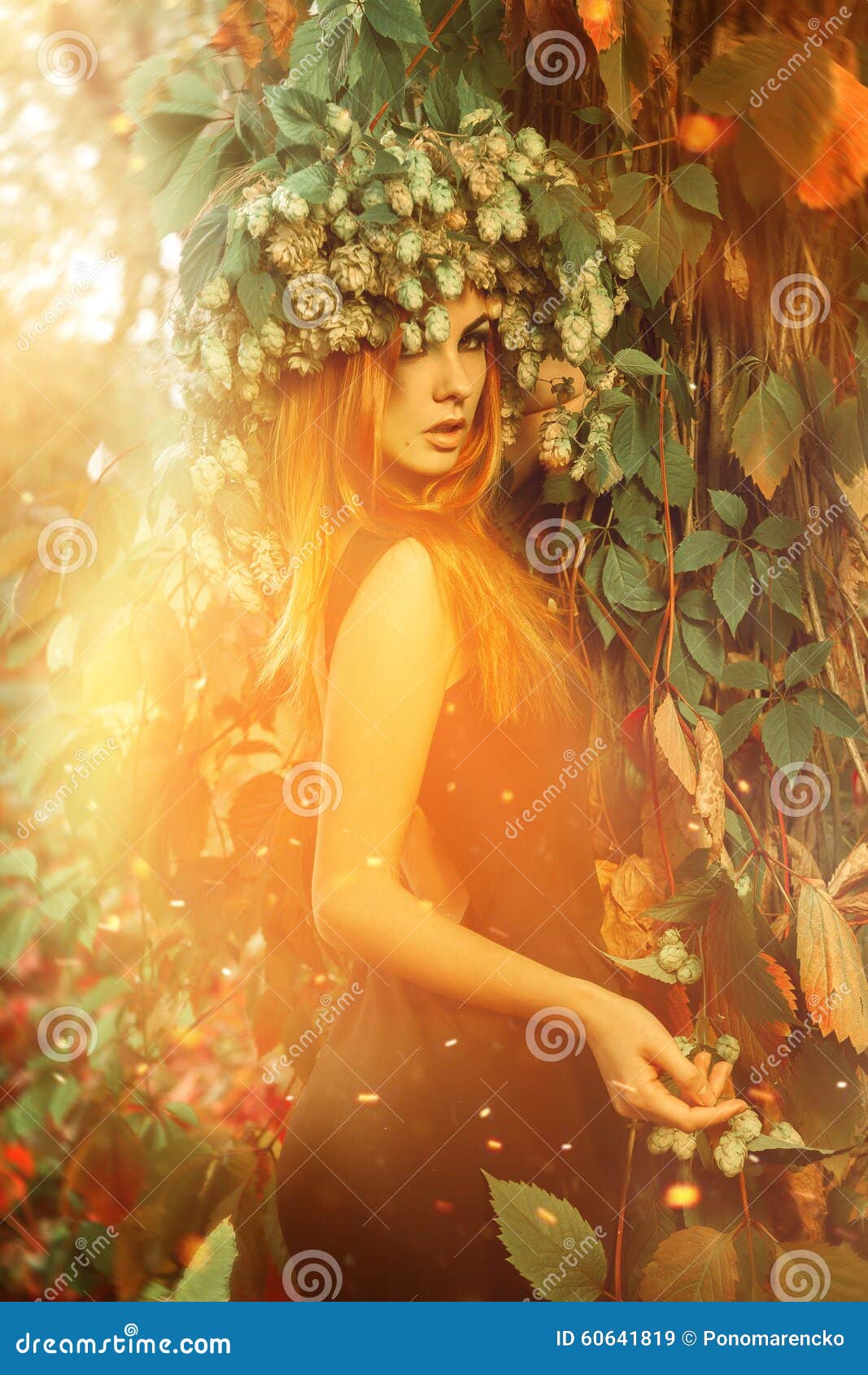 Delightful Lady with a Wreath of Hops in the Magic Forest Stock Image ...