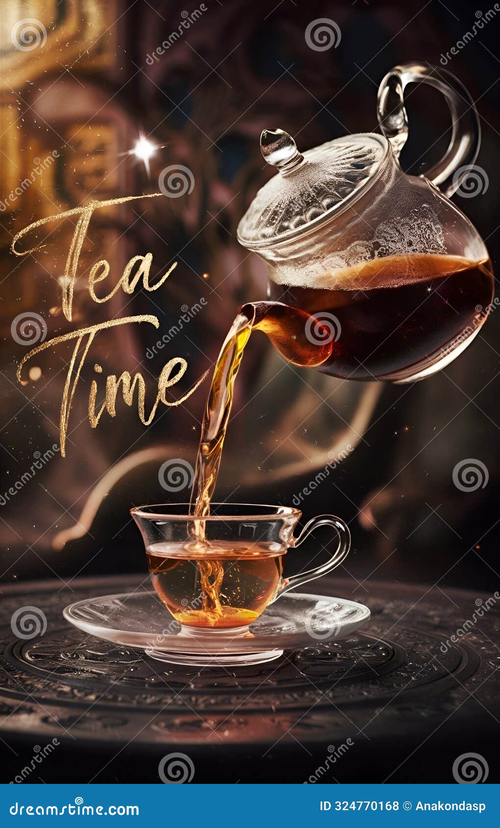 Delightful Relax Ritual with Cup of Coffee and Kettle. Labeled "Tea ...