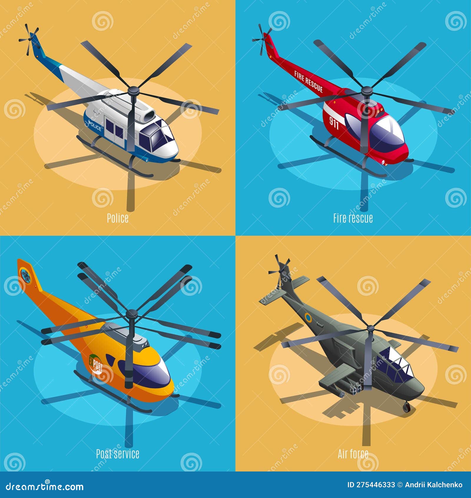 Helicopters Different Services 2X2, Vector Illustration Isometric Icons ...