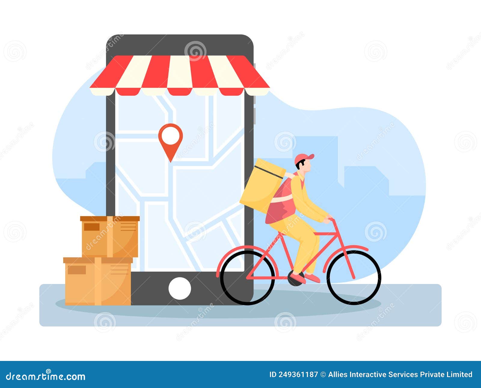 Delivery Boy Riding Bicycle with Parcel Boxes and Location Tracking App ...