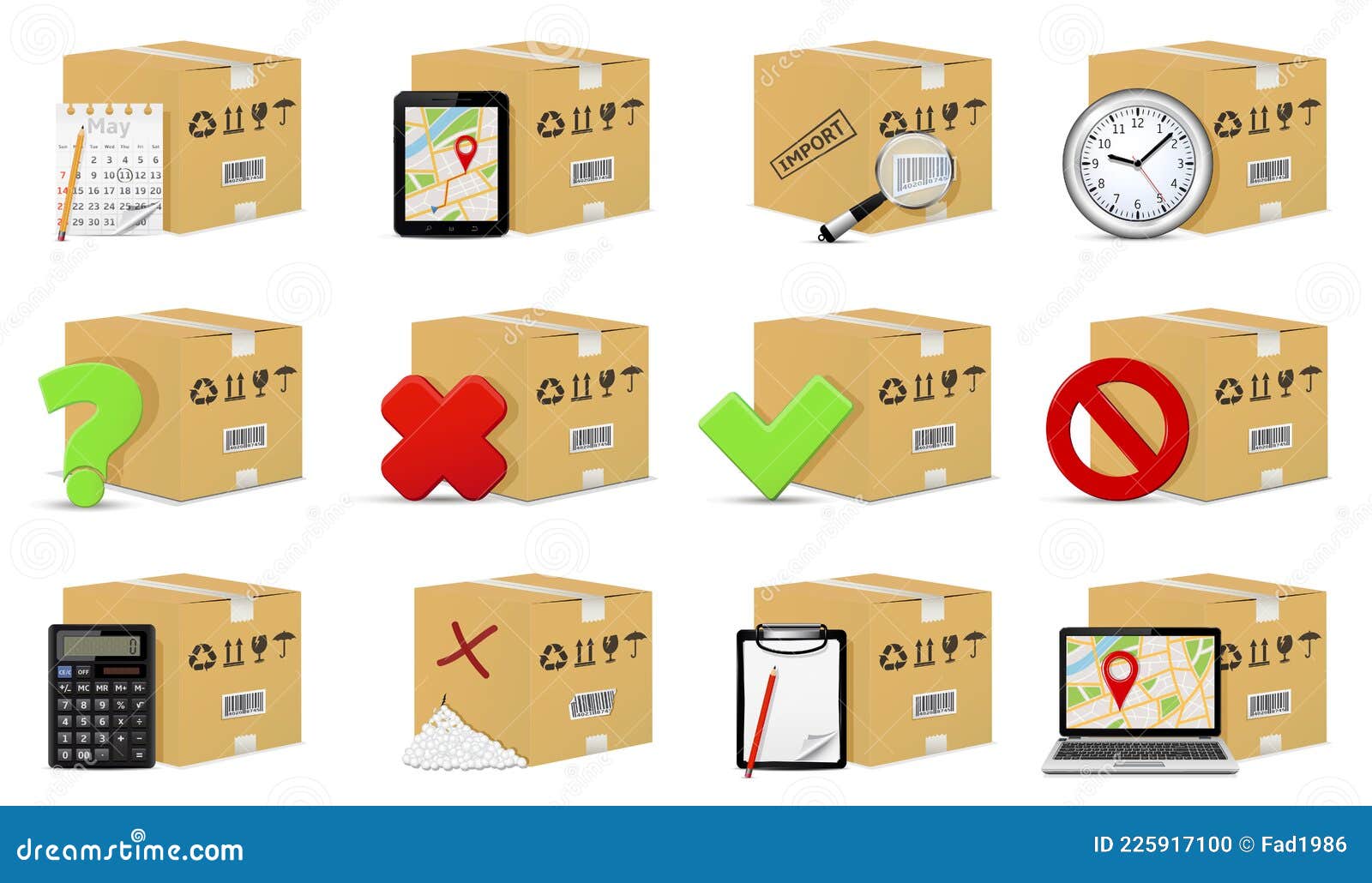 Delivery Cardboard Boxes with Handling and Packing Objects and Signs ...