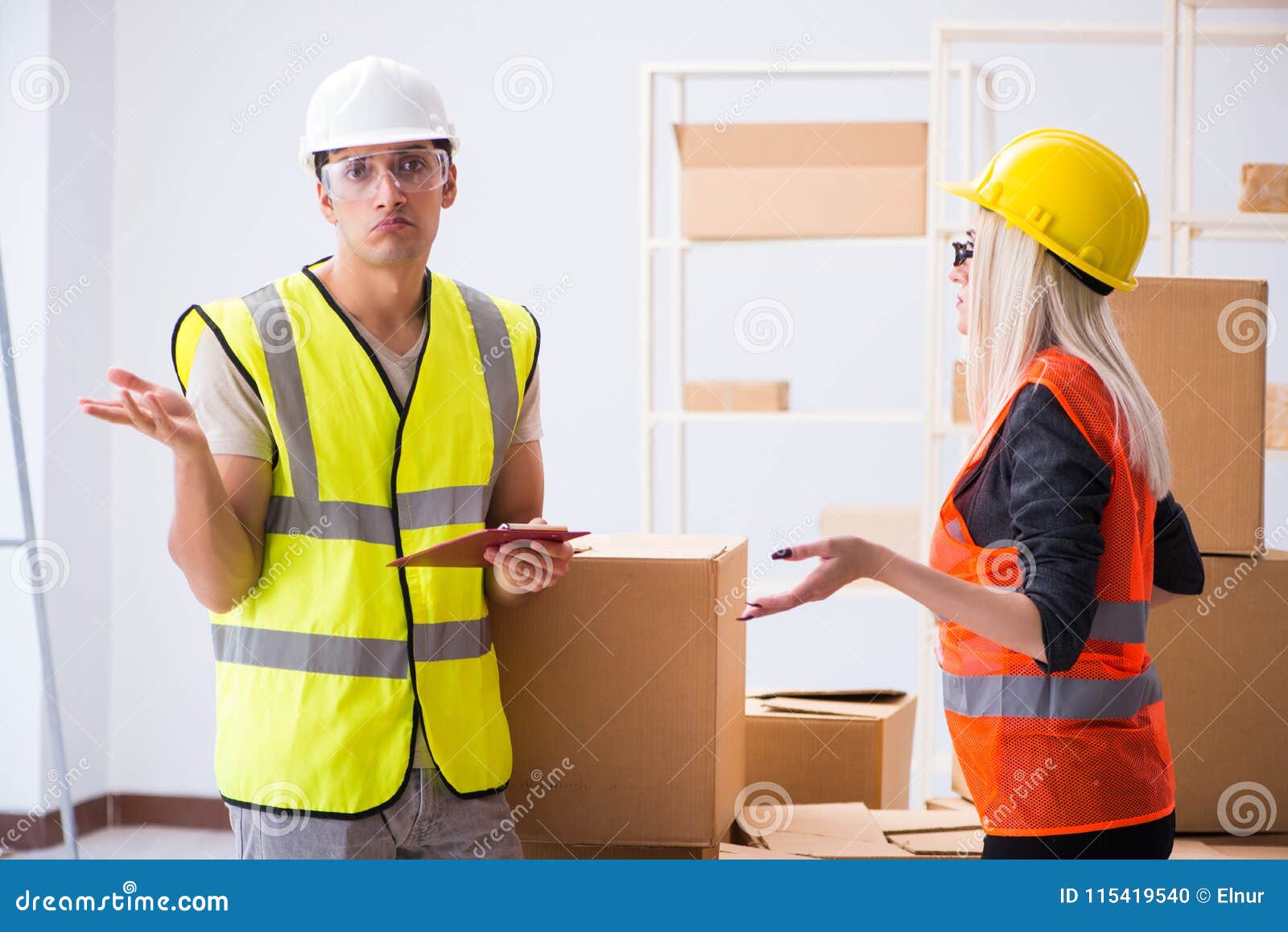 The Delivery Contractor Delivering Boxes To Office Stock Photo - Image ...
