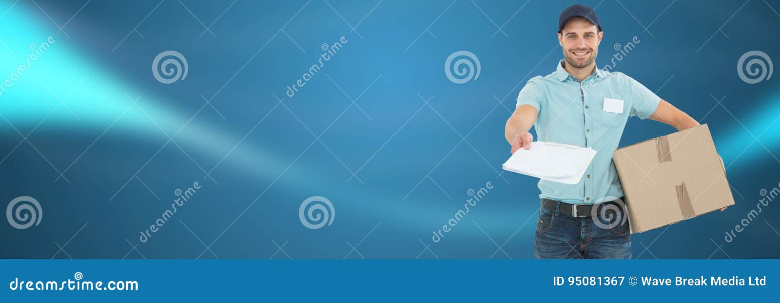 Delivery Courier with Box and Form in Front of Blurred Background Stock ...