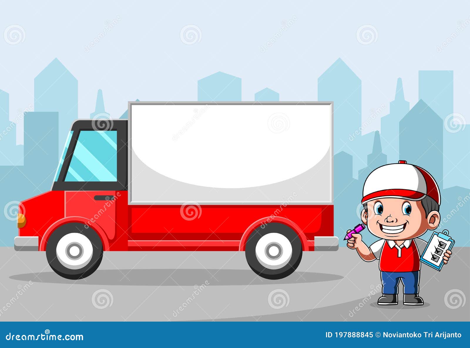 The Delivery Courier Checking the Package Near the Box Car Stock Vector ...