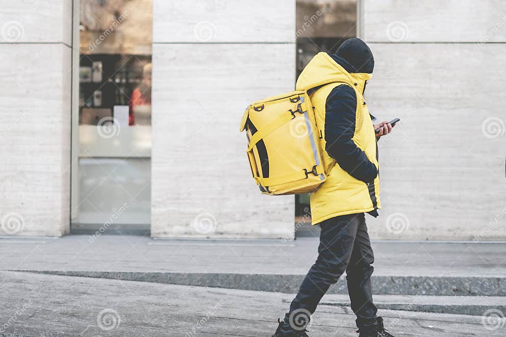 Delivery Courier on Foot with Huge Package on Back B Stock Image ...