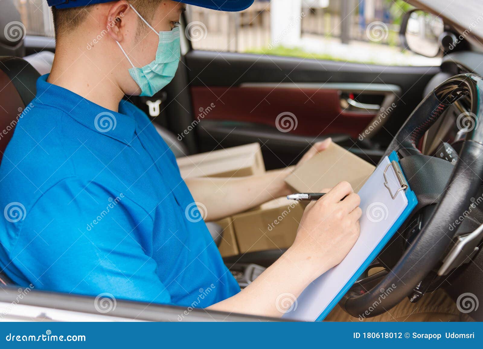 Delivery Courier Young Man Driver Inside the Van Car with Parcel Post ...