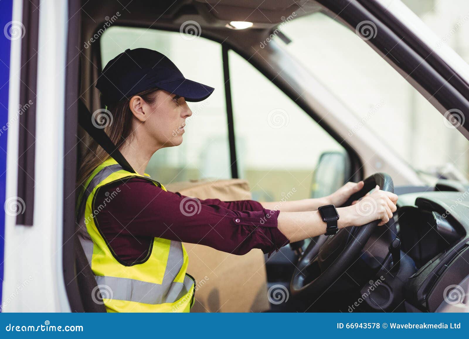 Delivery Driver Driving Van with Parcels on Seat Stock Photo - Image of ...