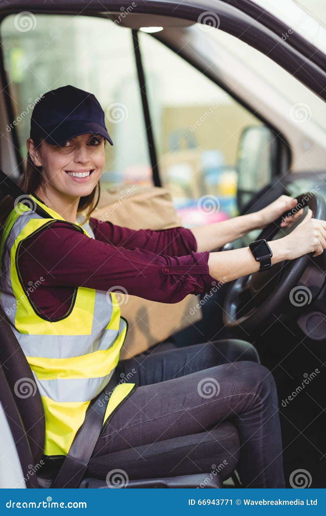 Delivery Driver Driving Van with Parcels on Seat Stock Image - Image of ...