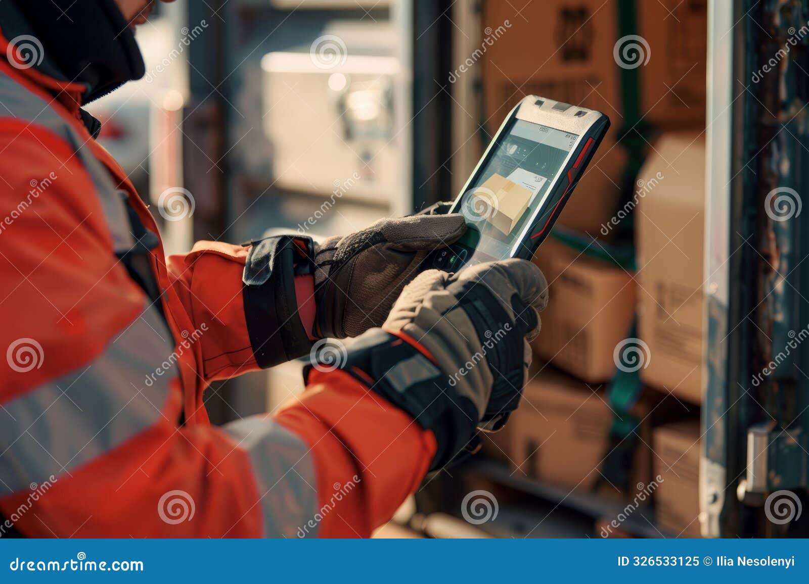 A Delivery Driver in an Orange Jacket is Scanning a Package Using a ...