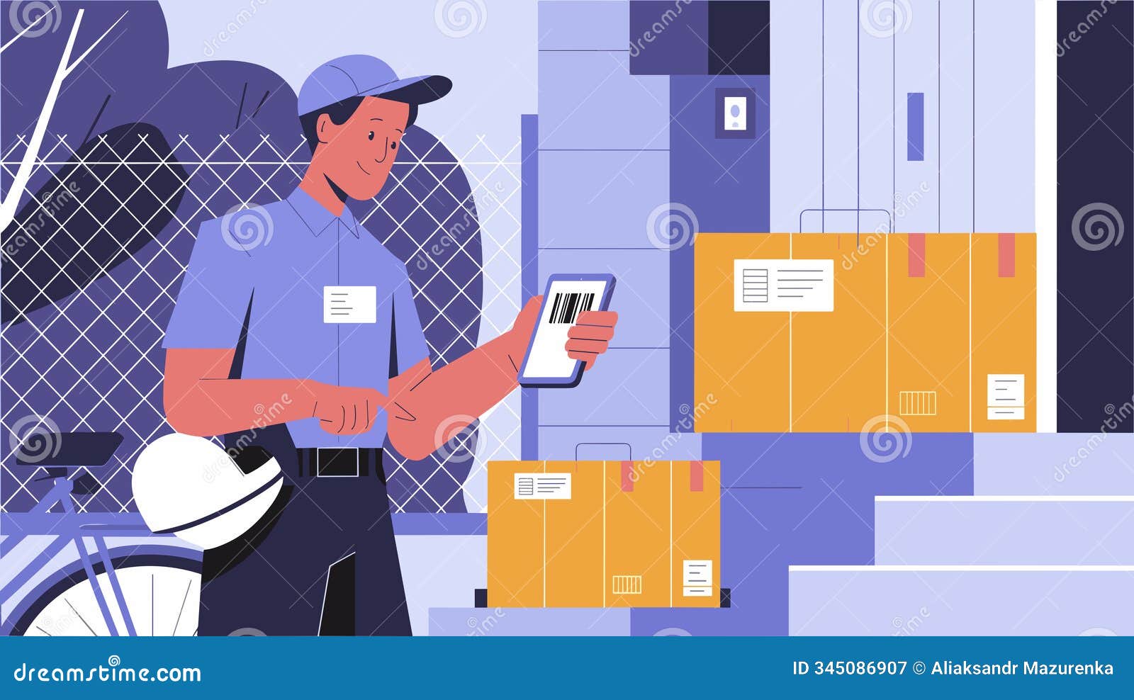 A Delivery Driver Scans a Package Barcode before Placing it on a ...
