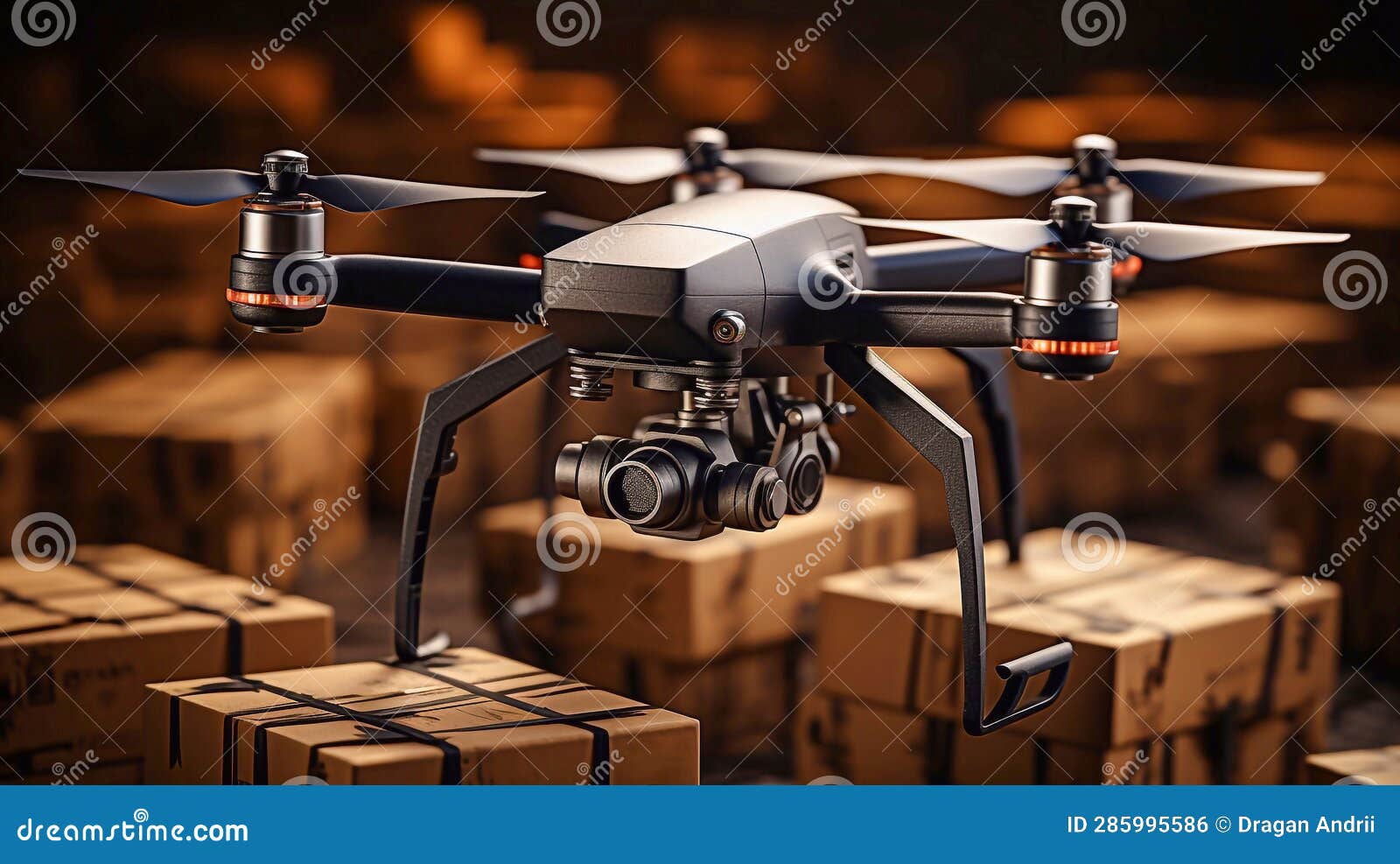 Delivery by Drone. Cardboard Box Delivery by Quadcopter. Air Delivery ...