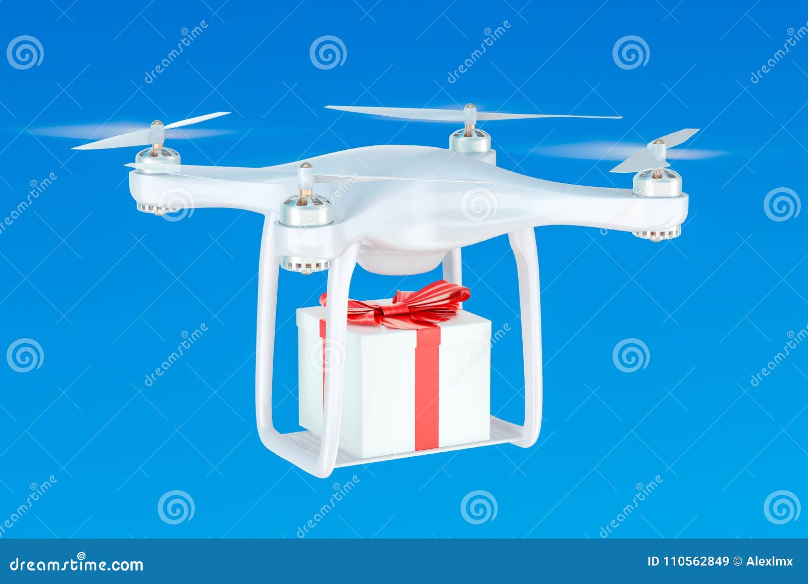 Delivery Drone with a Gift Box in the Blue Sky, 3D Rendering Stock ...