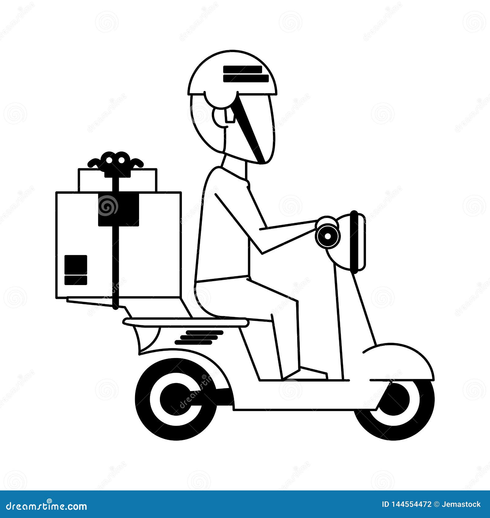 Delivery Guy Driving Scooter with Boxes in Black and White Stock Vector ...