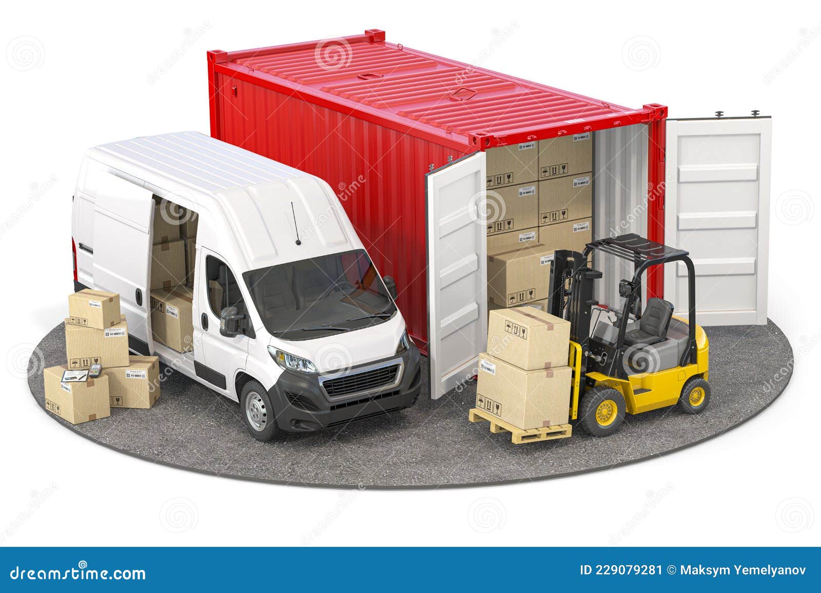 Unloading Of Sea Cargo Containers By A Forklift. Cartoon Vector ...