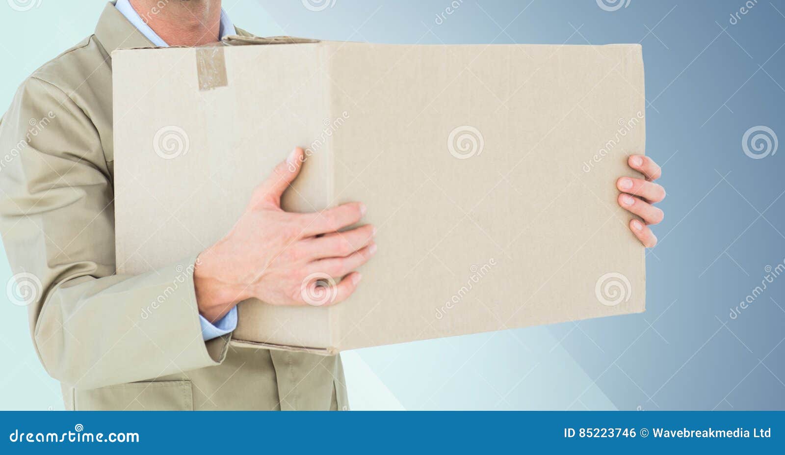 Delivery Man with Box Against Blue Background Stock Photo - Image of ...