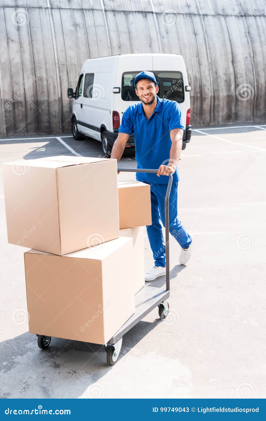 Delivery Man with Boxes on Cart Stock Image - Image of cardboard ...